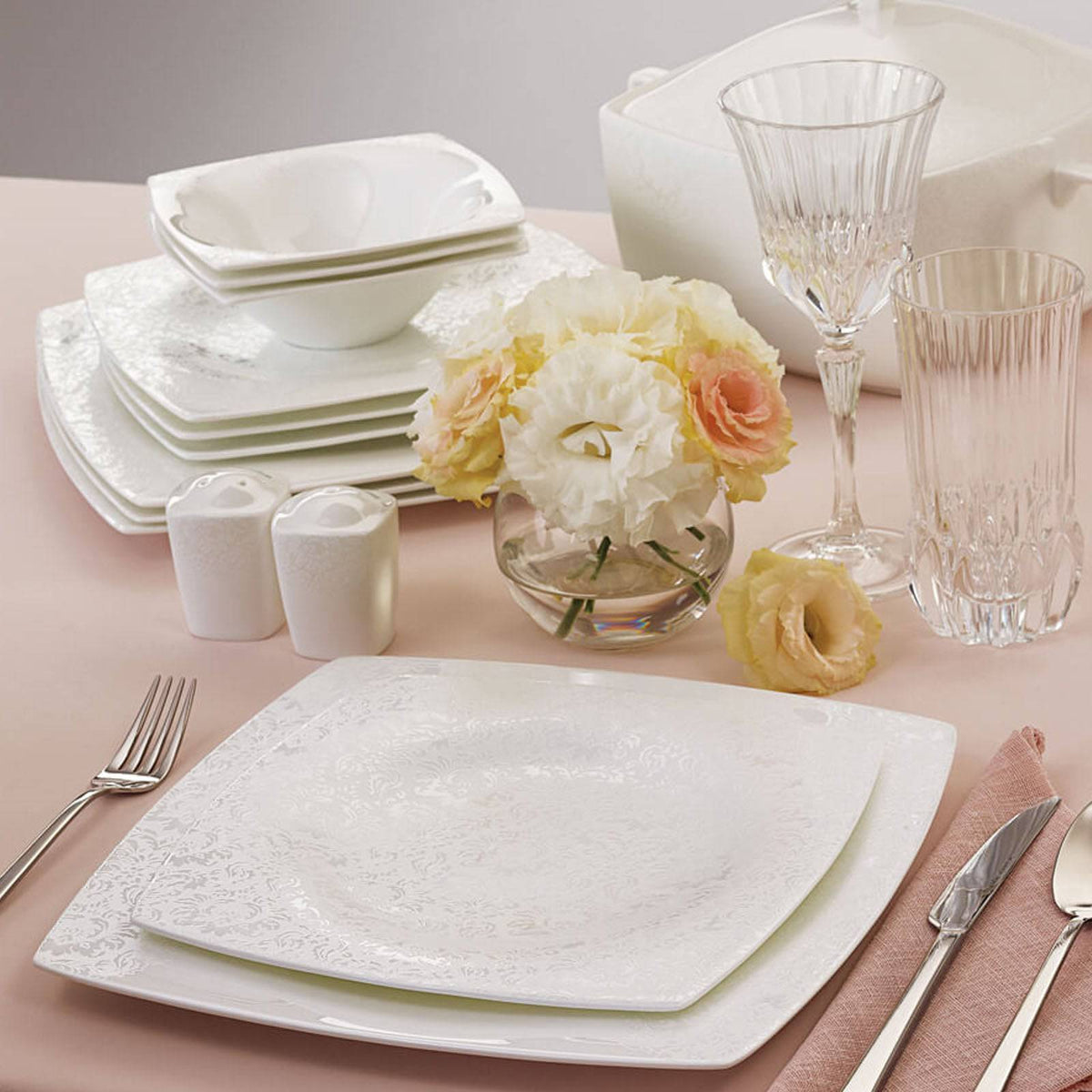 Karaca Fine Pearl Helen 62 Pieces 12 Seater Pearl Dinner Set Square 153 ...