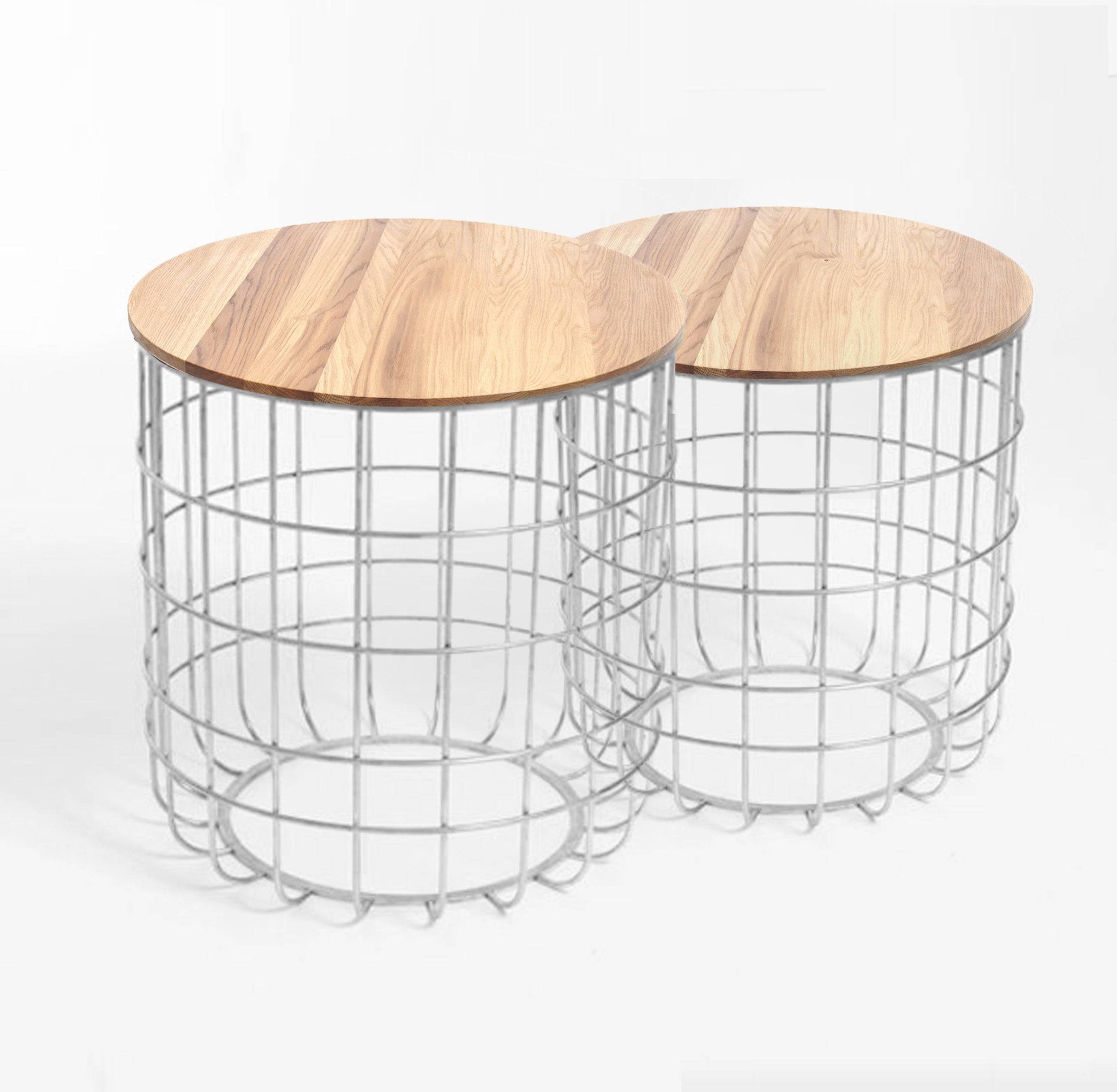 Set of 2 White Frame wire tables with Solid Natural wood top BP8806W